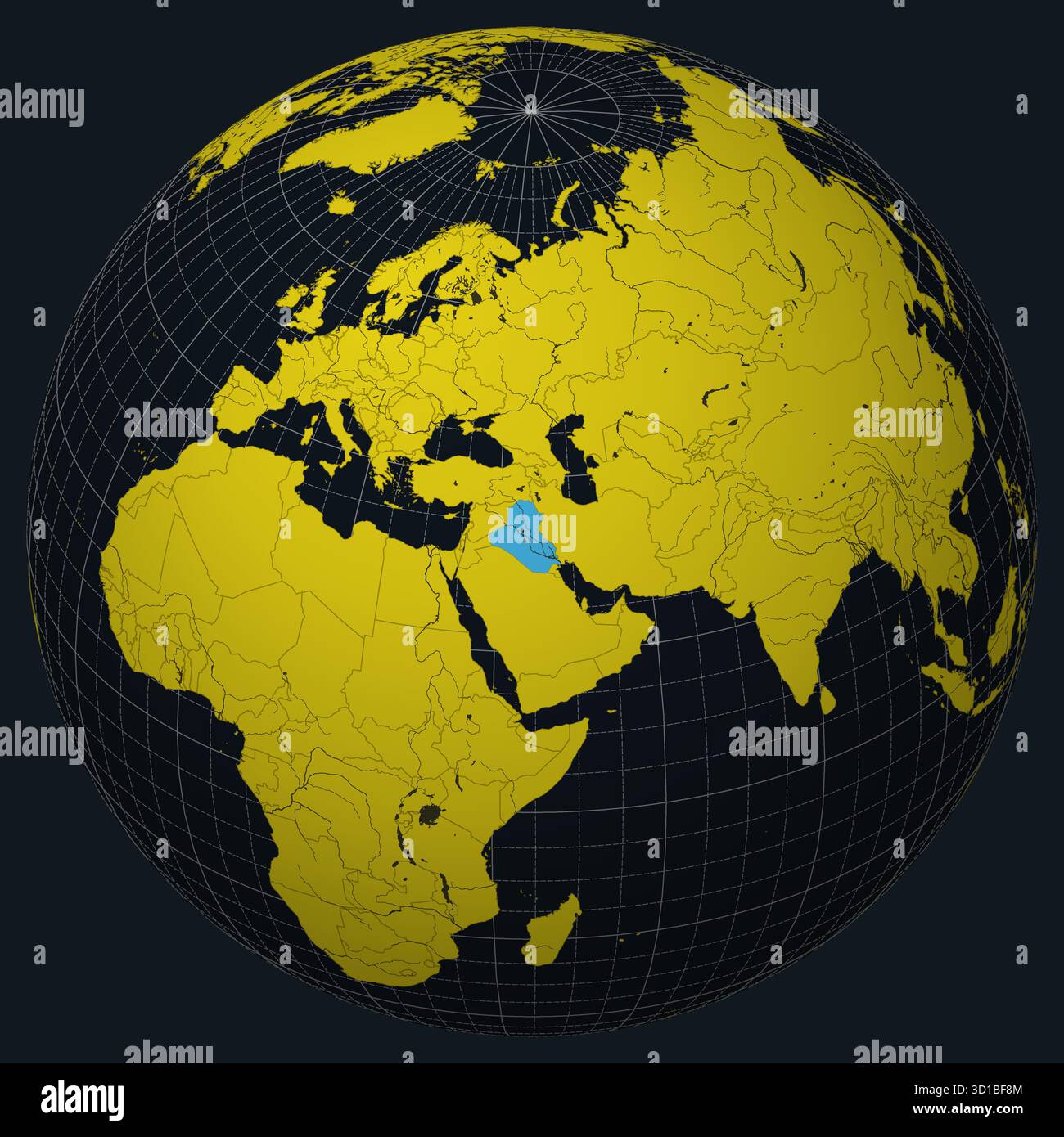 Iraq on Globe. Country view on the world map in Charcoal Bright Yellow ...