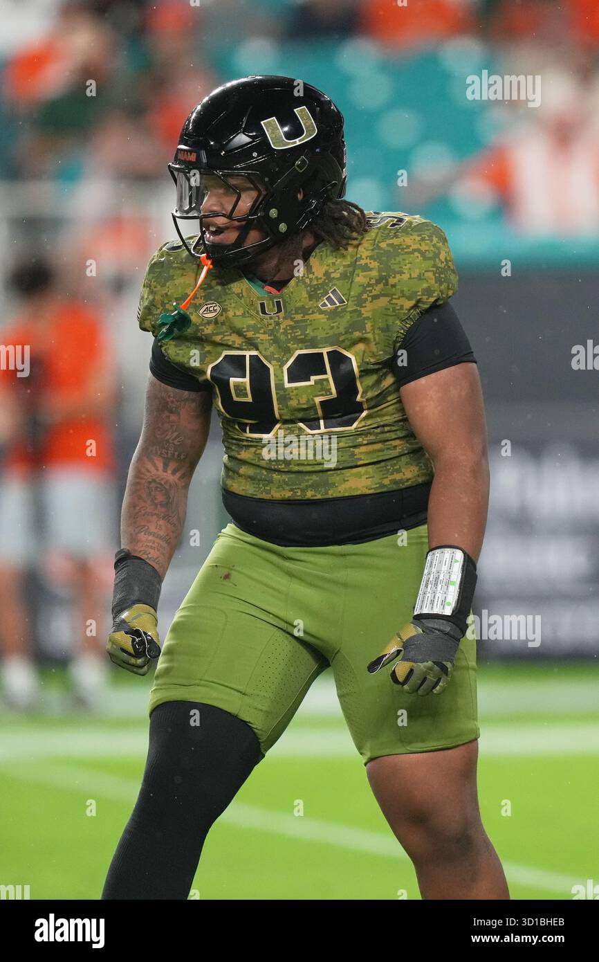 Miami defensive lineman Donta Simpson Jr. (93) reacts after making a ...