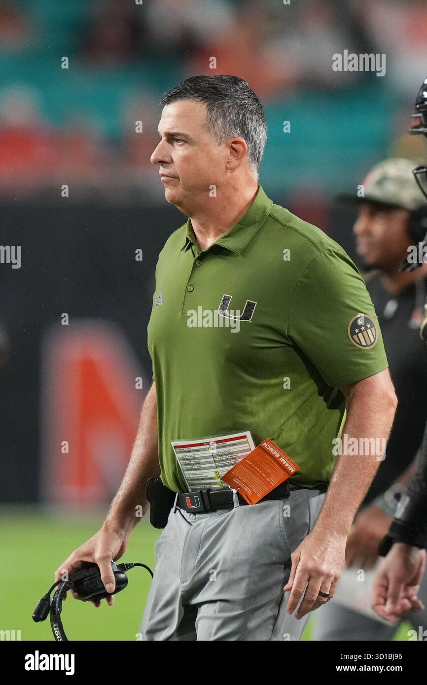 Miami head coach Mario Cristobal walks on the field during the second ...