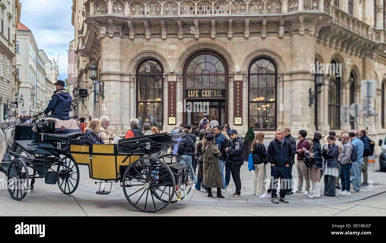 10 October 2025, Austria, Wien: Tourists wait to enter the Cafe Central ...