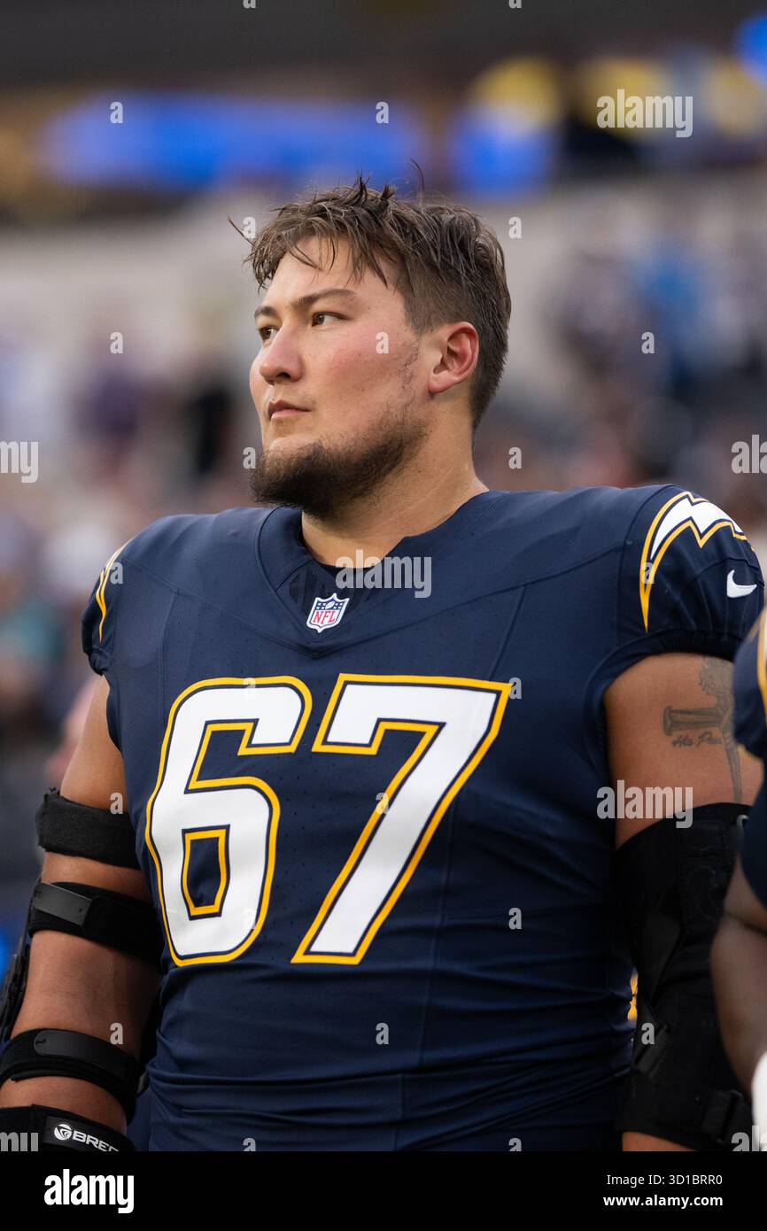 Los Angeles Chargers offensive tackle Foster Sarell (67) stands for the ...