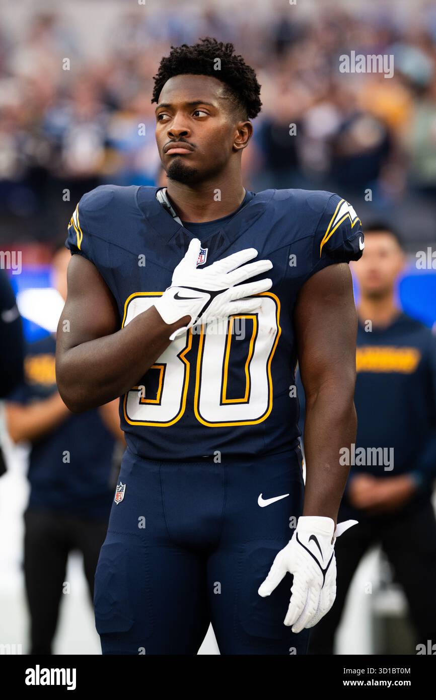 Los Angeles Chargers running back Kimani Vidal (30) stands for the ...
