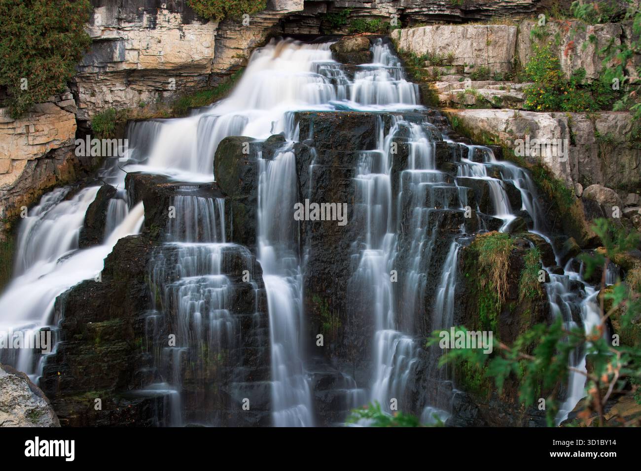 Long Exposure Waterfall Cascading Over Dark Rock Cliff with Juniper ...