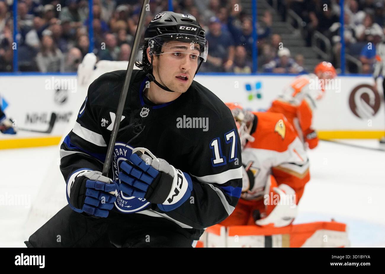 Tampa Bay Lightning center Dominic James against the Anaheim Ducks ...