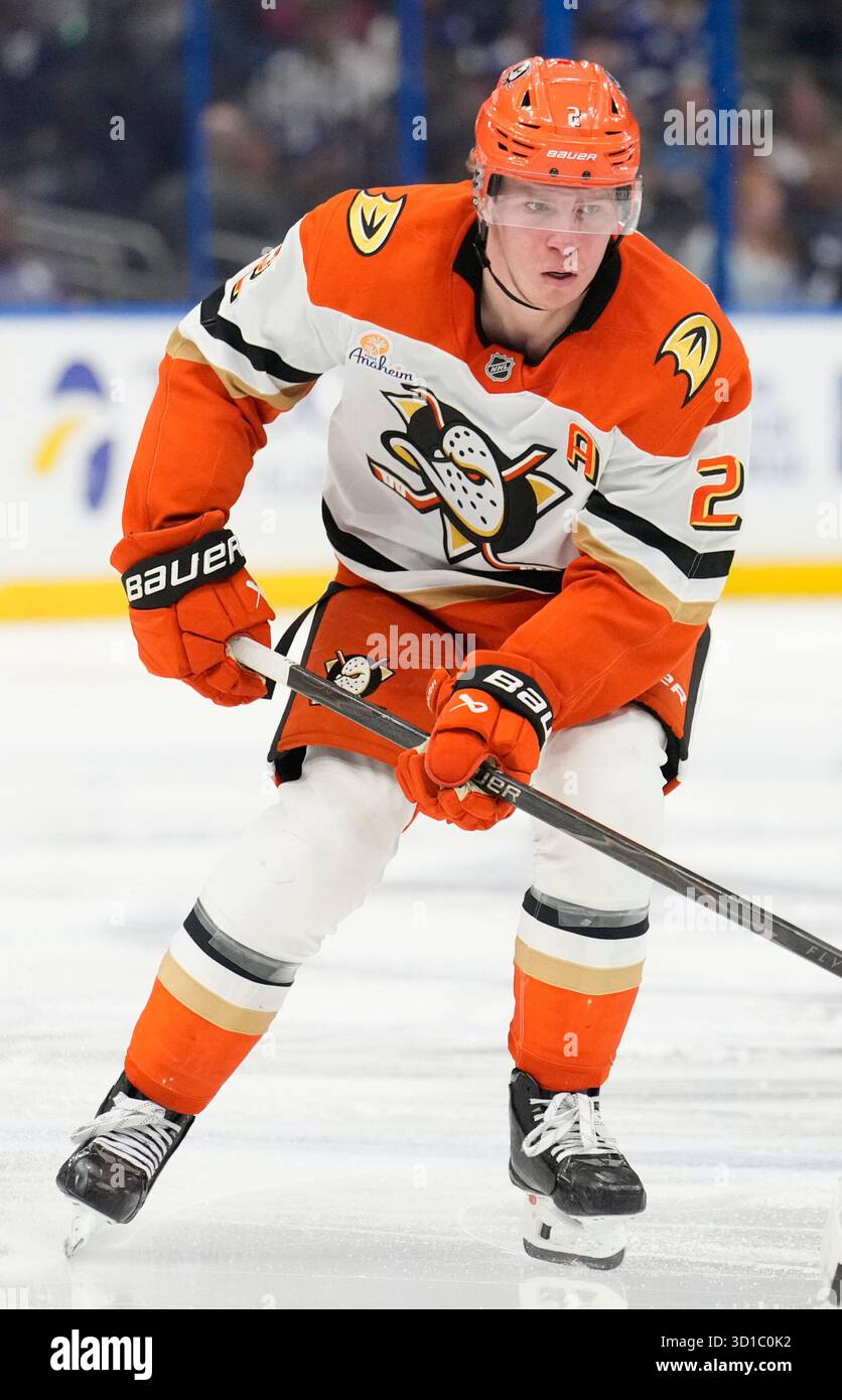 Anaheim Ducks defenseman Jackson Lacombe against the Tampa Bay ...