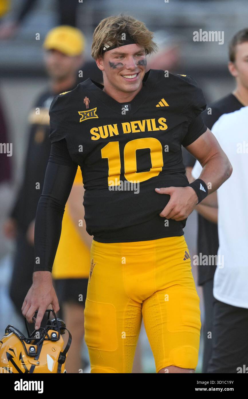 Arizona State quarterback Sam Leavitt pauses on the field prior to an ...