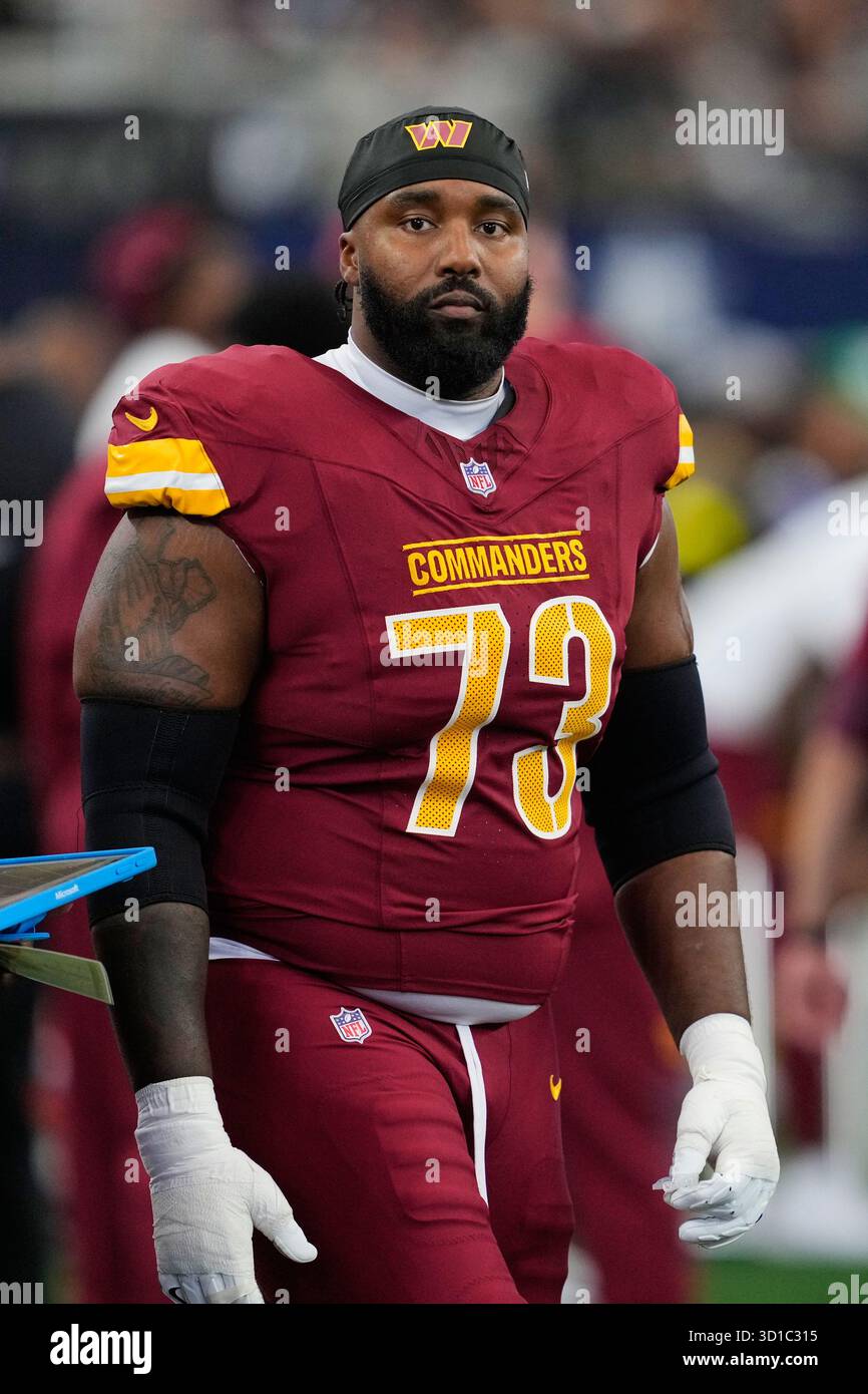 Washington Commanders offensive tackle Trent Scott (73) stands on the ...