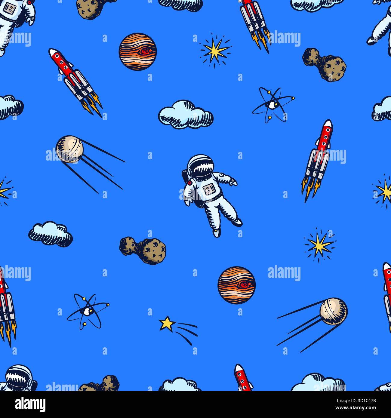 Hand drawn space doodles seamless patterns in sketchy style with rocket ...