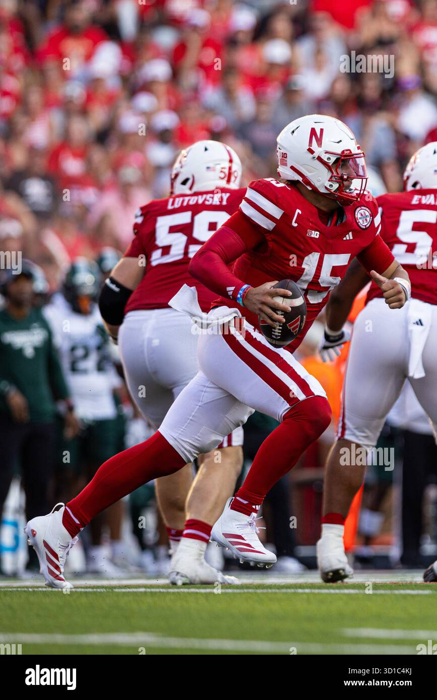 LINCOLN, NE - OCTOBER 04: Nebraska quarterback Dylan Raiola (15) passes ...