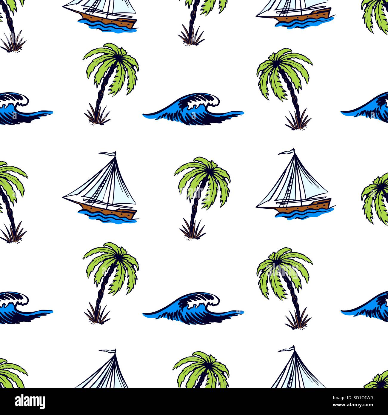 Nautical marine elements with wave, dolphin sea creatures, palm ...