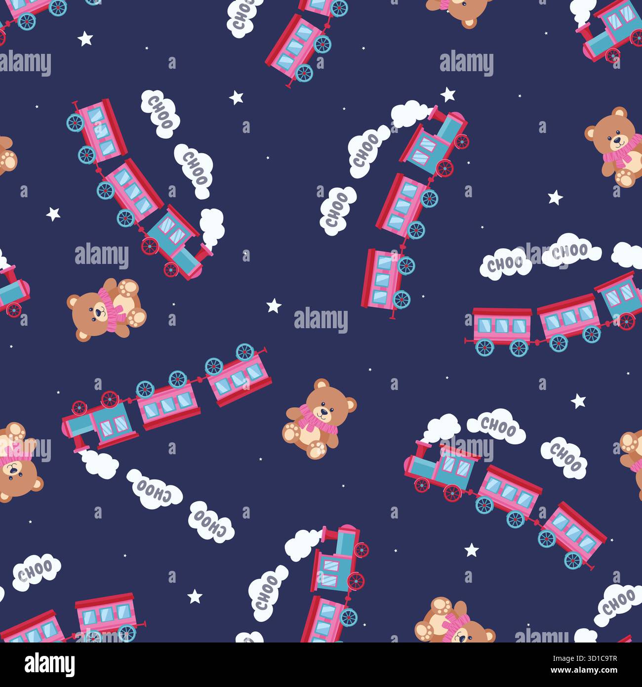 Dreamy Twinkle Stars, Teddy Bear and Choo Choo Train Seamless Pattern. Kids Vector Background ...