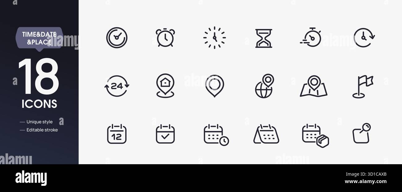 Set of time, date and location line icons. Simple symbols with clock ...