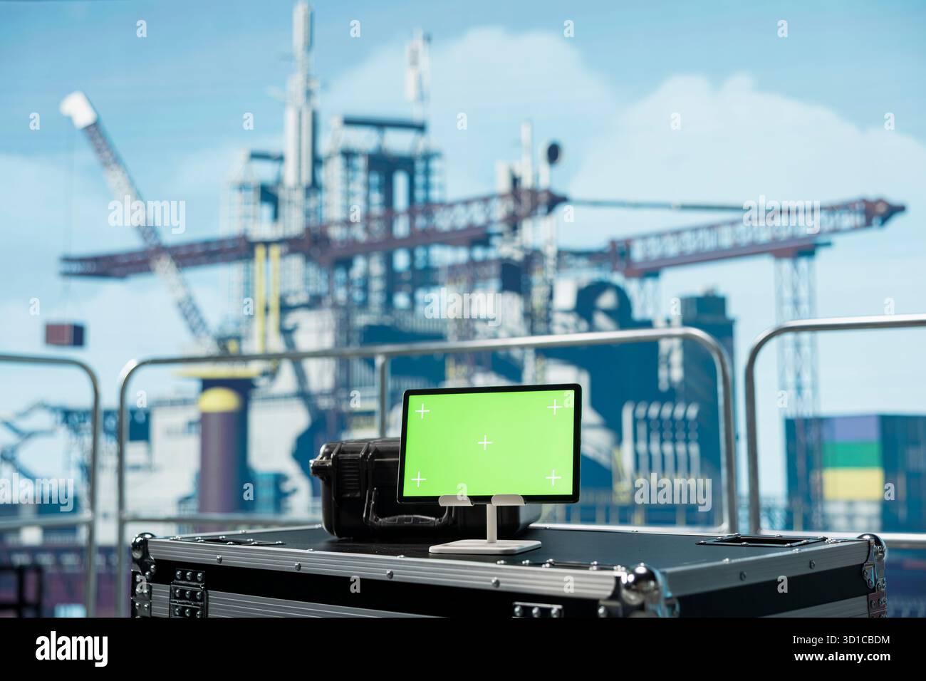 Green screen tablet on offshore platform deck used to coordinate ...