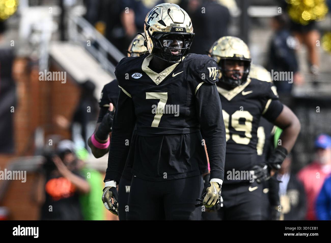 Wake Forest defensive lineman Nuer Gatkuoth (7) looks on during the ...