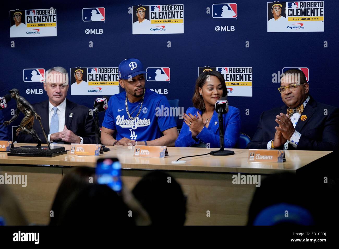 From left; MLB Commissioner Rob Manfred, Los Angeles Dodgers' Mookie ...