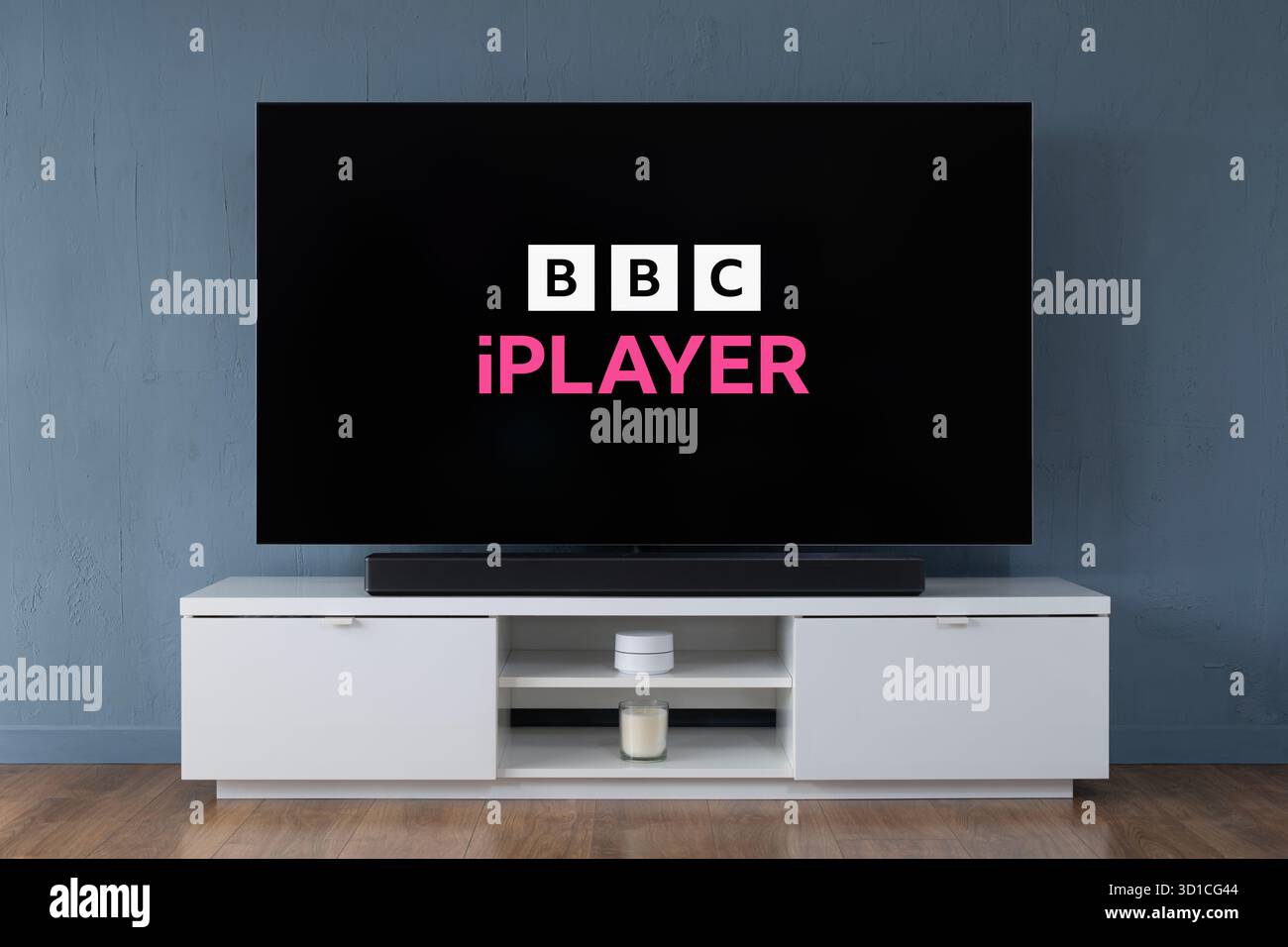 The BBC iplayer streaming service logo is seen on a modern OLED ...