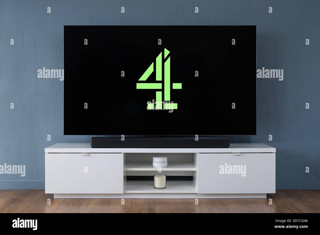 The Channel 4 streaming service logo is seen on a modern OLED ...