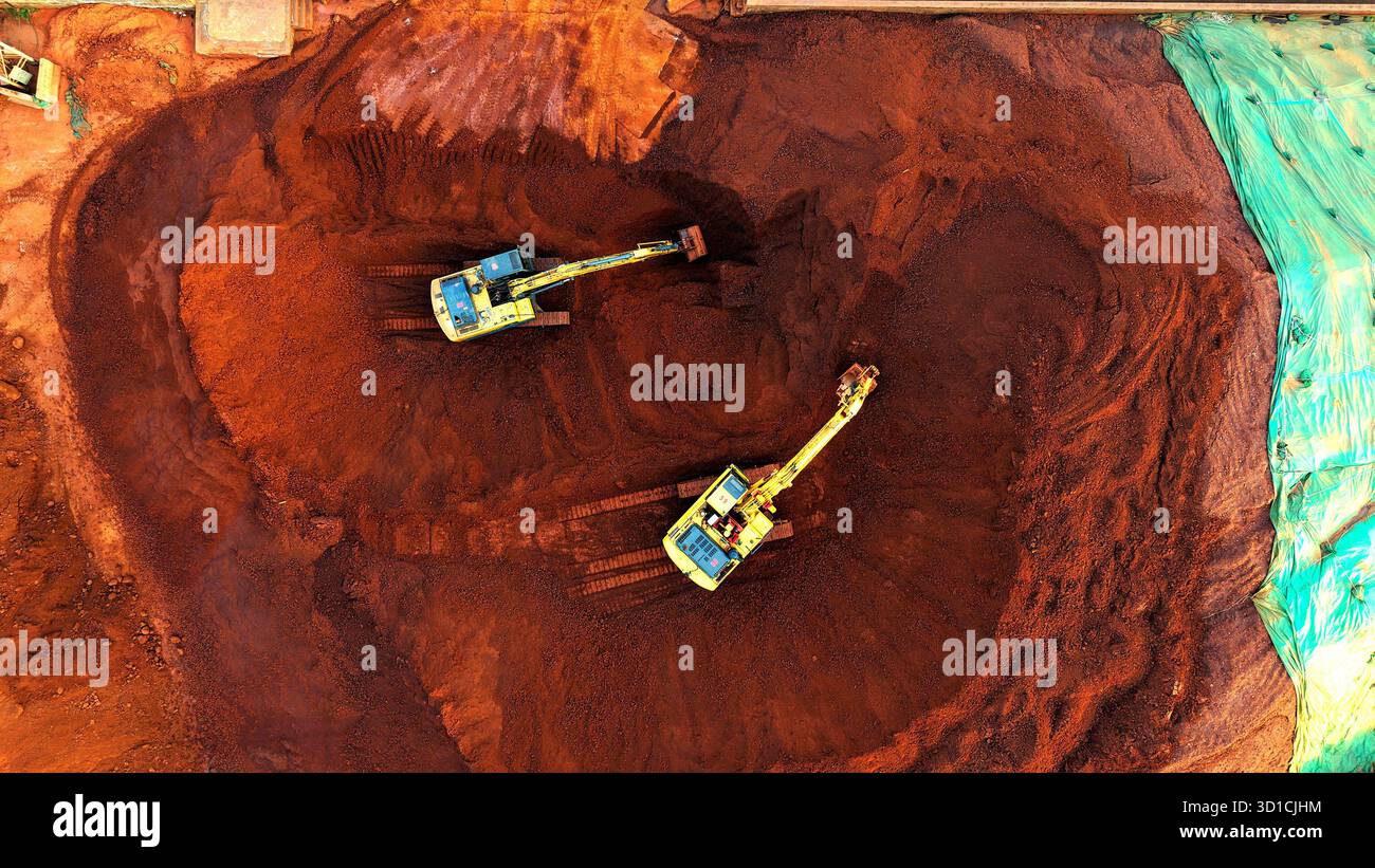 Mechanical equipment is sorting and loading imported iron ore at ...
