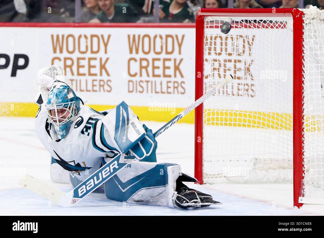 The Minnesota Wild score a goal against San Jose Sharks goaltender ...