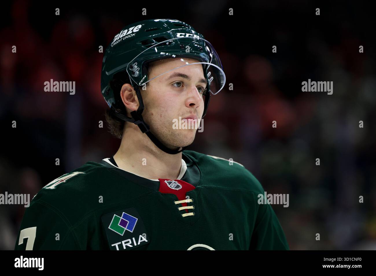 Minnesota Wild defenseman Brock Faber looks on during the second period ...