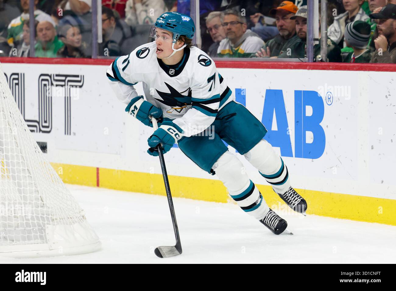 San Jose Sharks center Macklin Celebrini skates around the net during ...