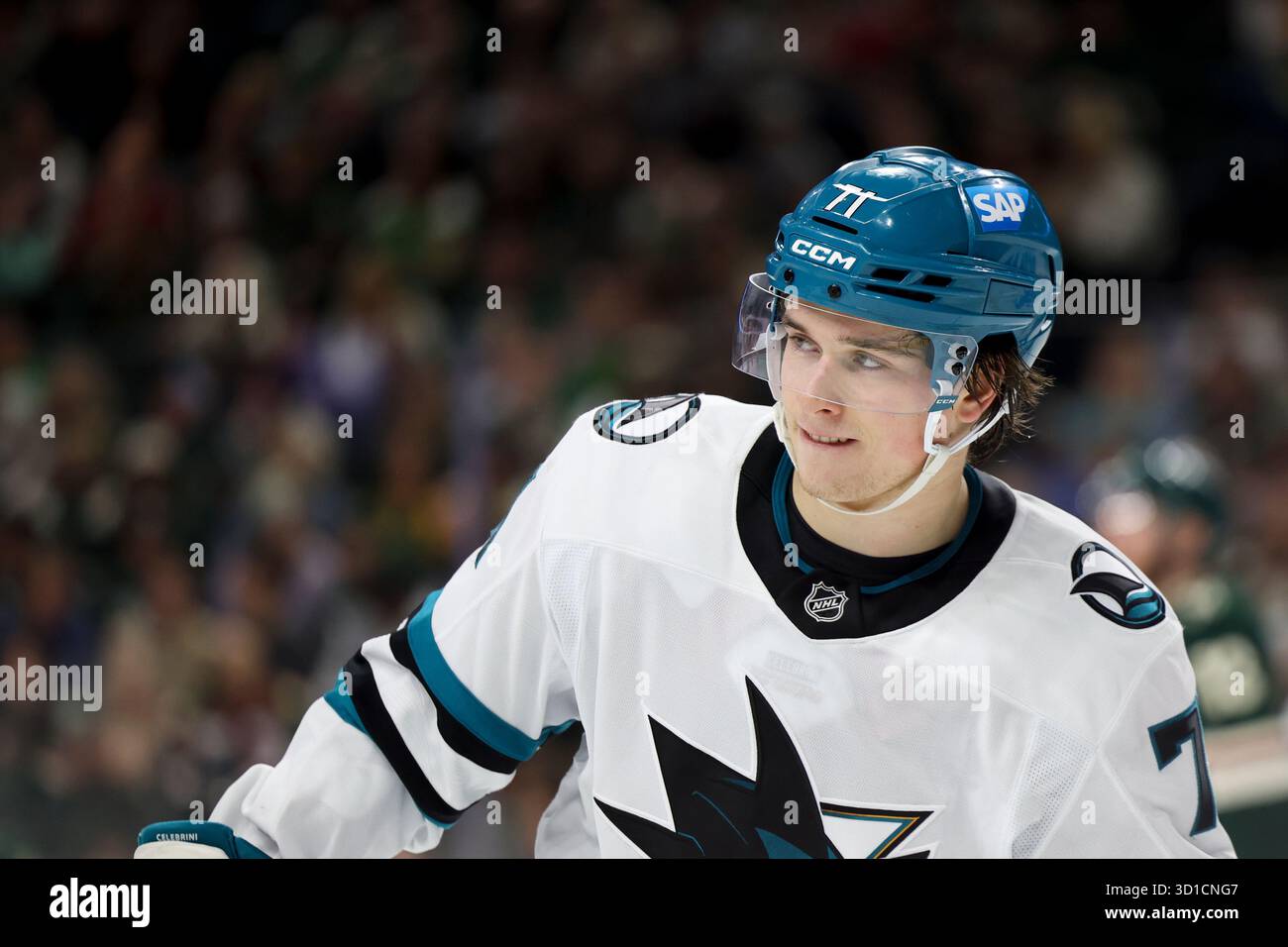 San Jose Sharks center Macklin Celebrini reacts during the third period ...
