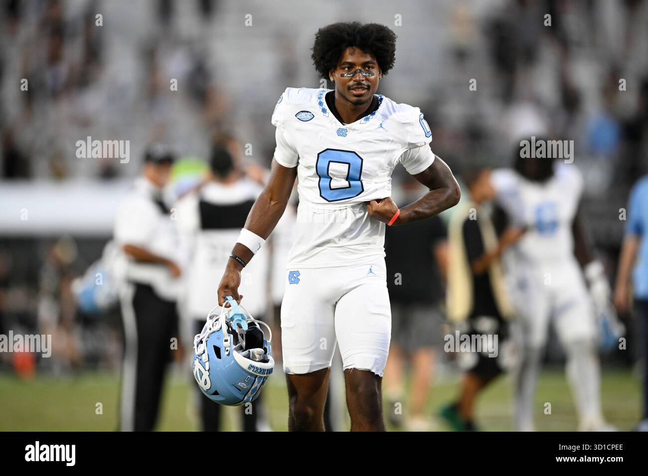 North Carolina wide receiver Alex Taylor (0) leaves the field after a ...