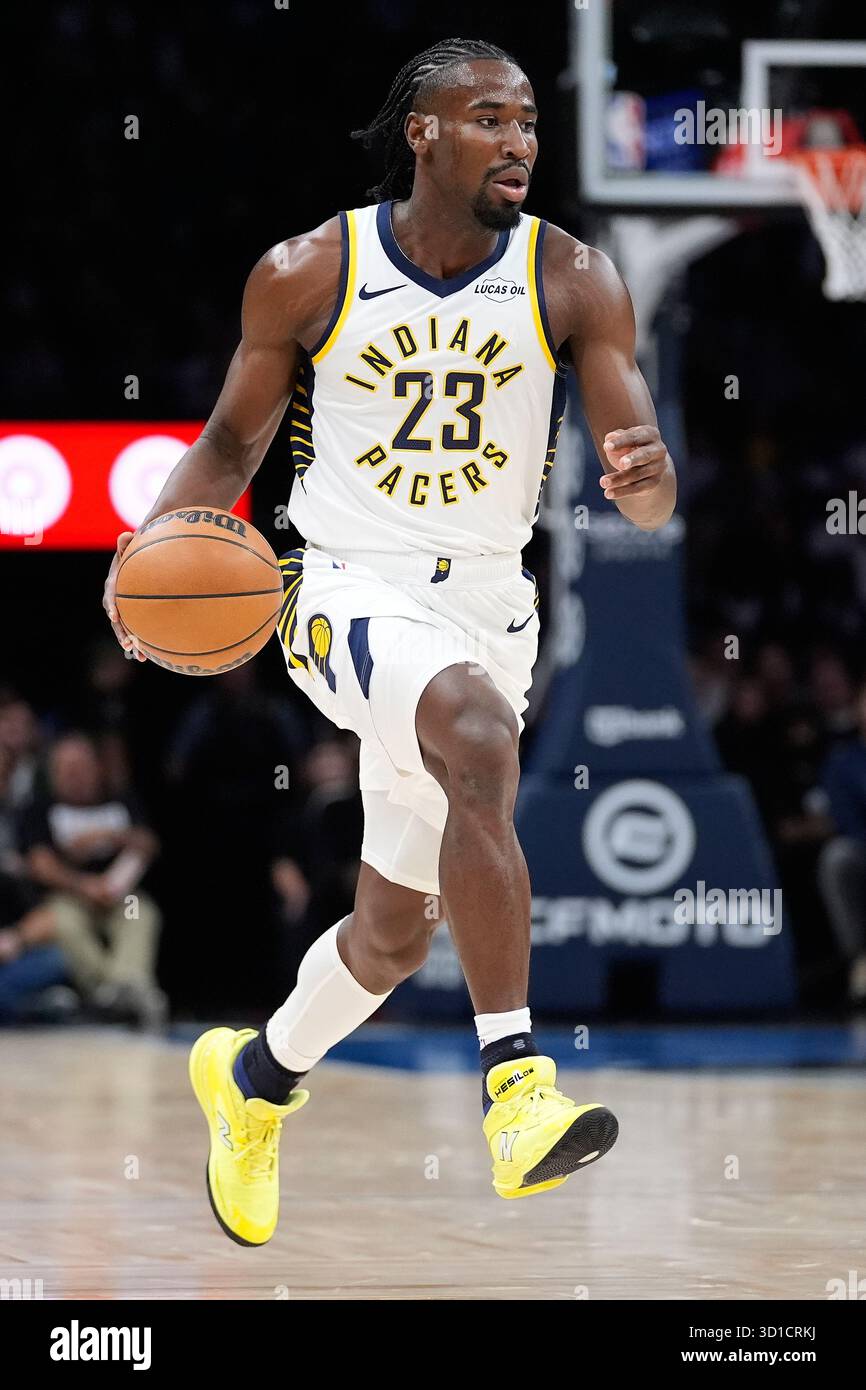 Indiana Pacers guard Aaron Nesmith (23) works toward the basket during ...