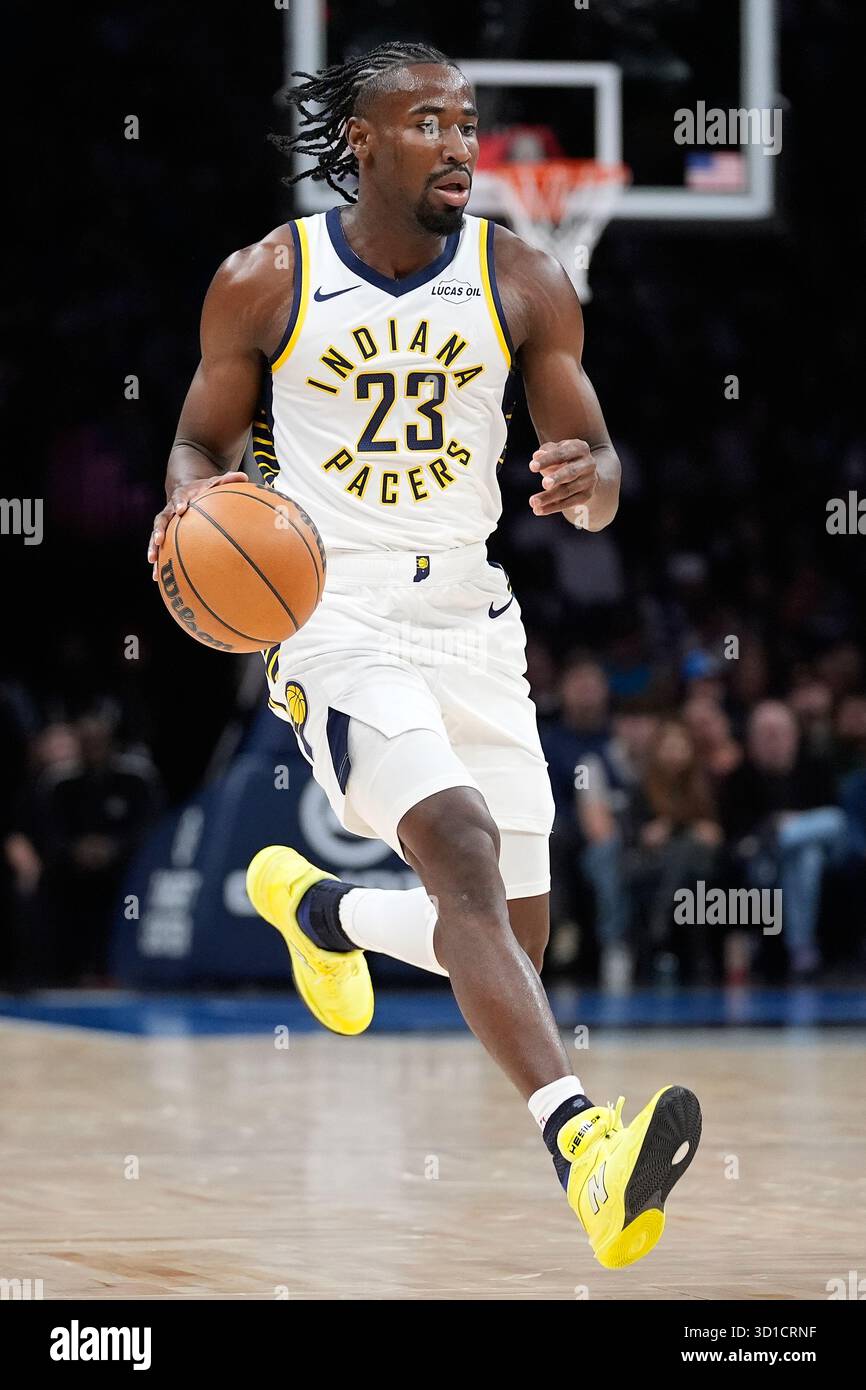 Indiana Pacers guard Aaron Nesmith (23) works toward the basket during ...