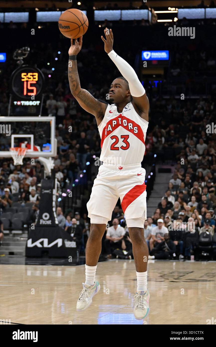 Toronto Raptors guard Jamal Shead shoots during the first half of an ...