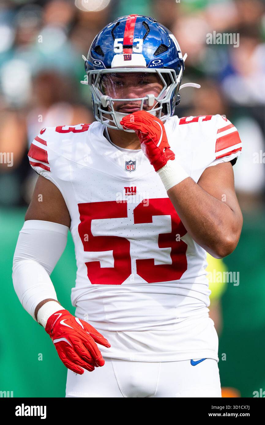 New York Giants linebacker Darius Muasau looks on during an NFL ...