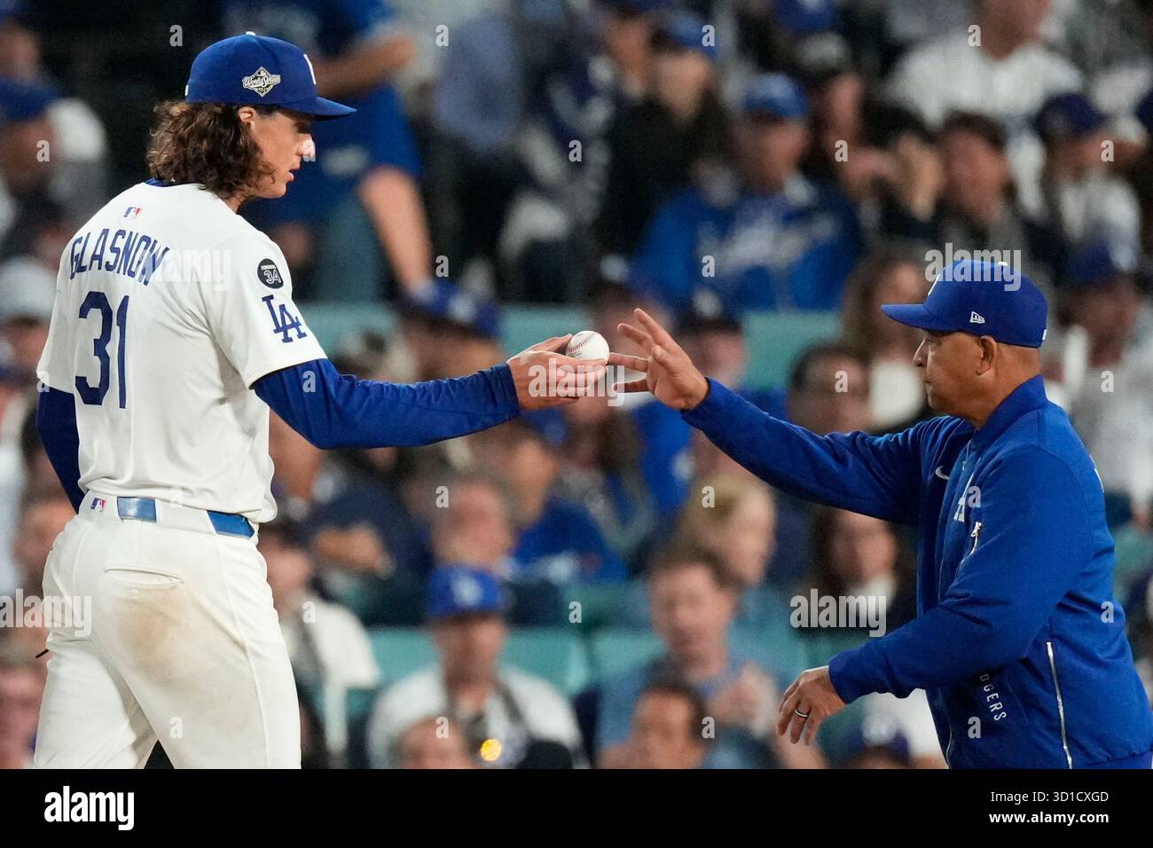 Los Angeles Dodgers pitcher Tyler Glasnow leaves the game against the ...