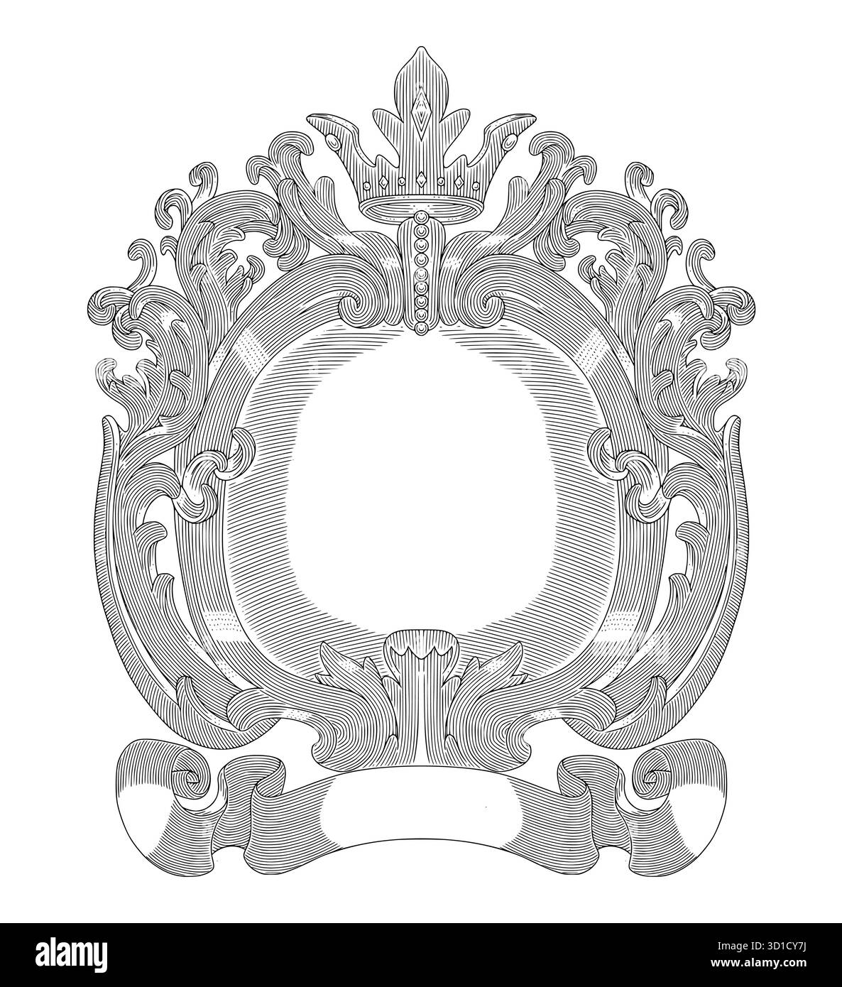 Antique wood frame with banner and crown, vintage engraving drawing ...