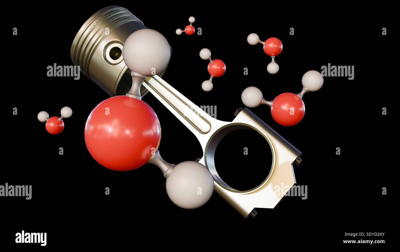 A 3d illustration of piston engine and connecting rod with molecular ...