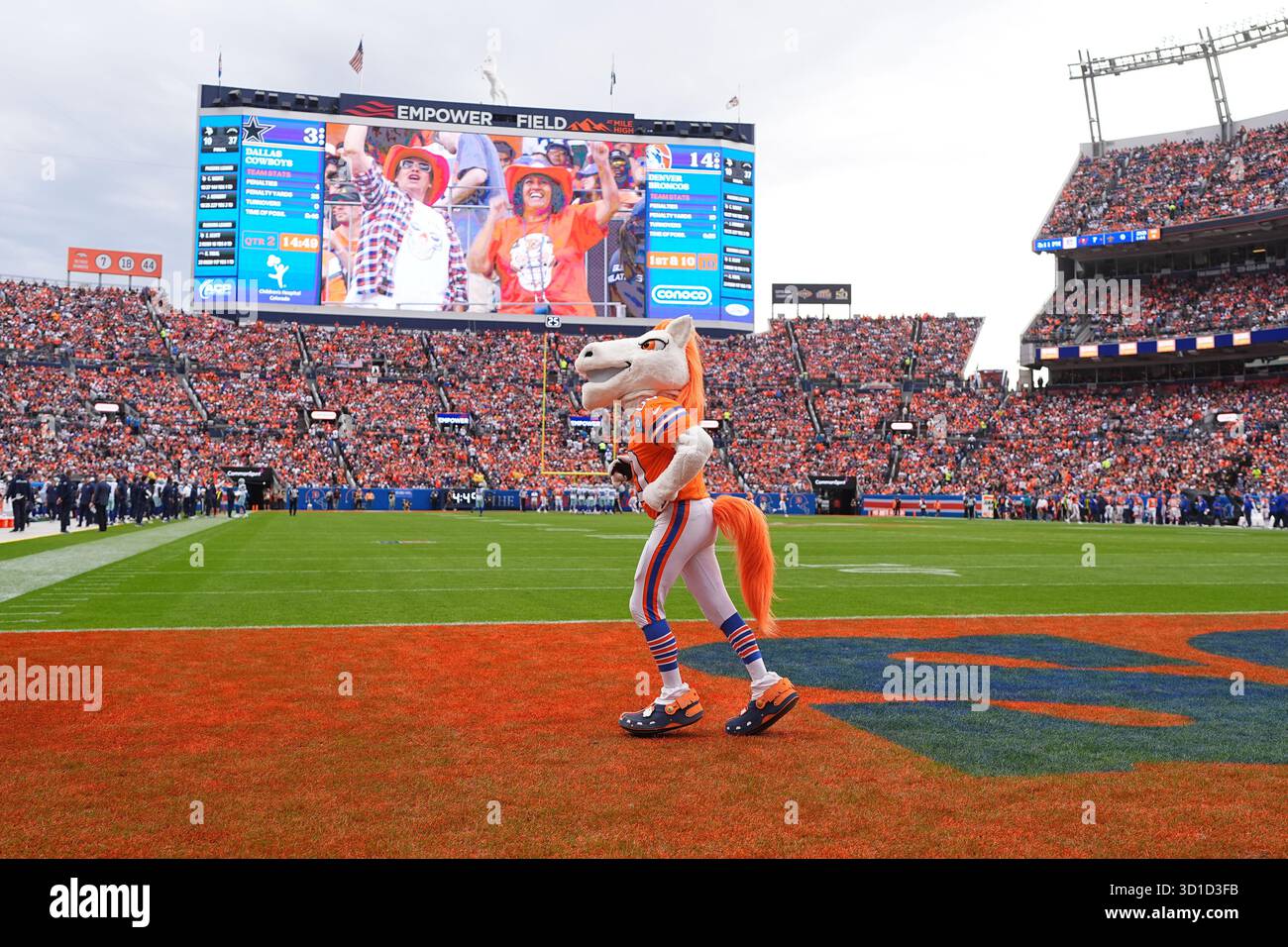 Denver Broncos mascot MIles runs through the end zone in the first half ...