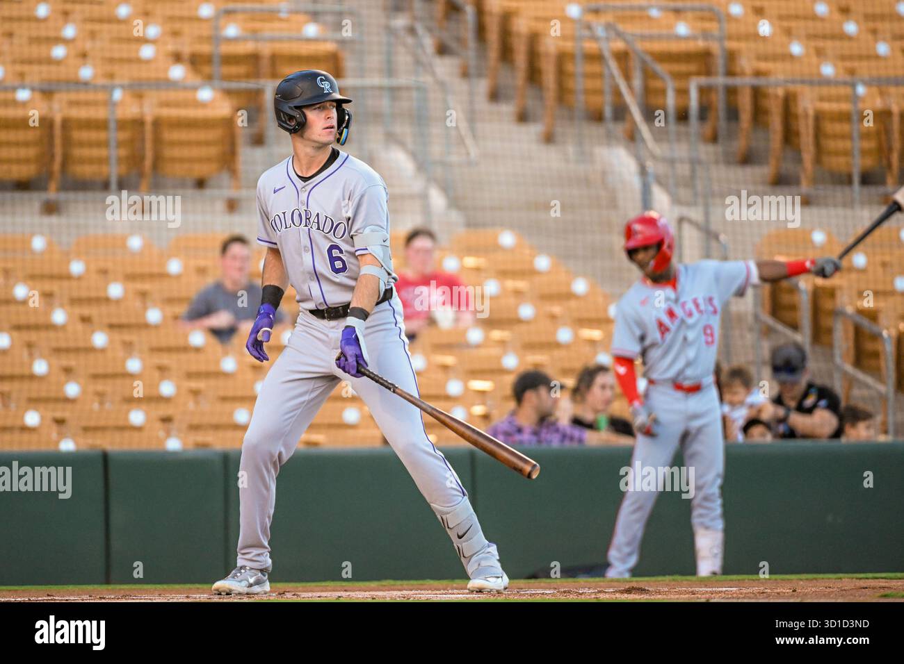 Salt River Rafters first baseman Charlie Condon (6) singles in the ...