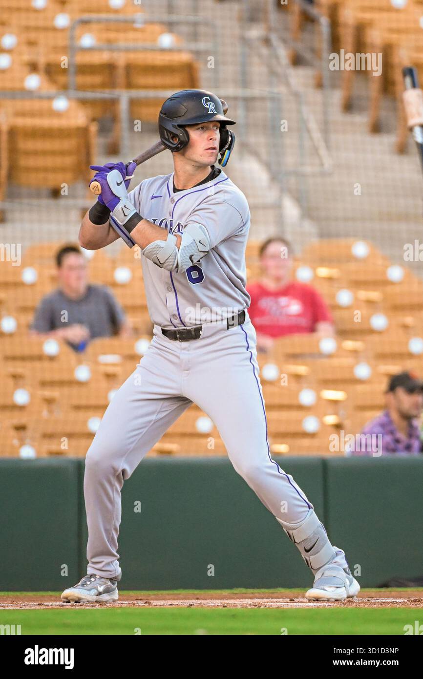 Salt River Rafters first baseman Charlie Condon (6) singles in the ...