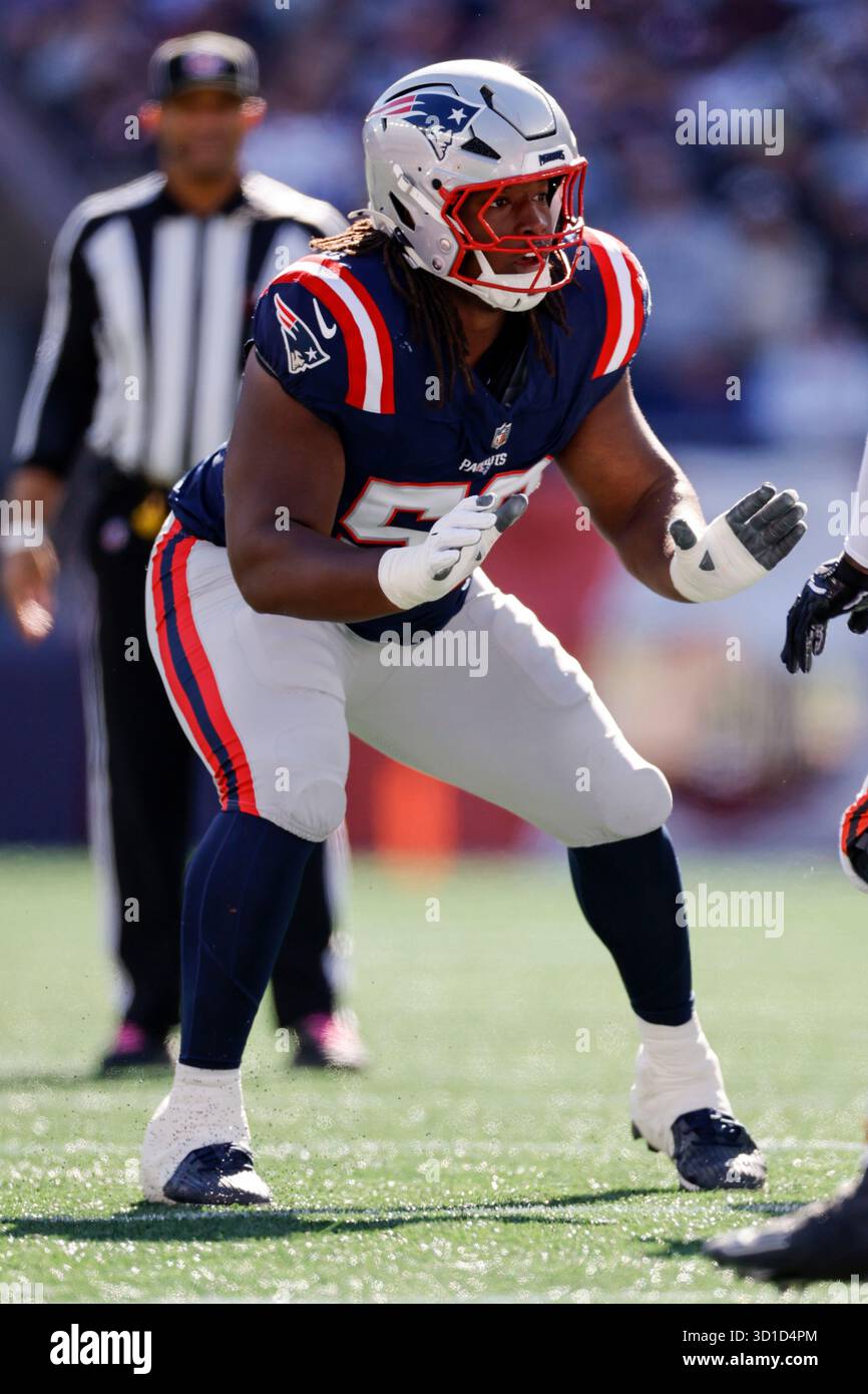 New England Patriots left guard Jared Wilson (58) prepares to block ...