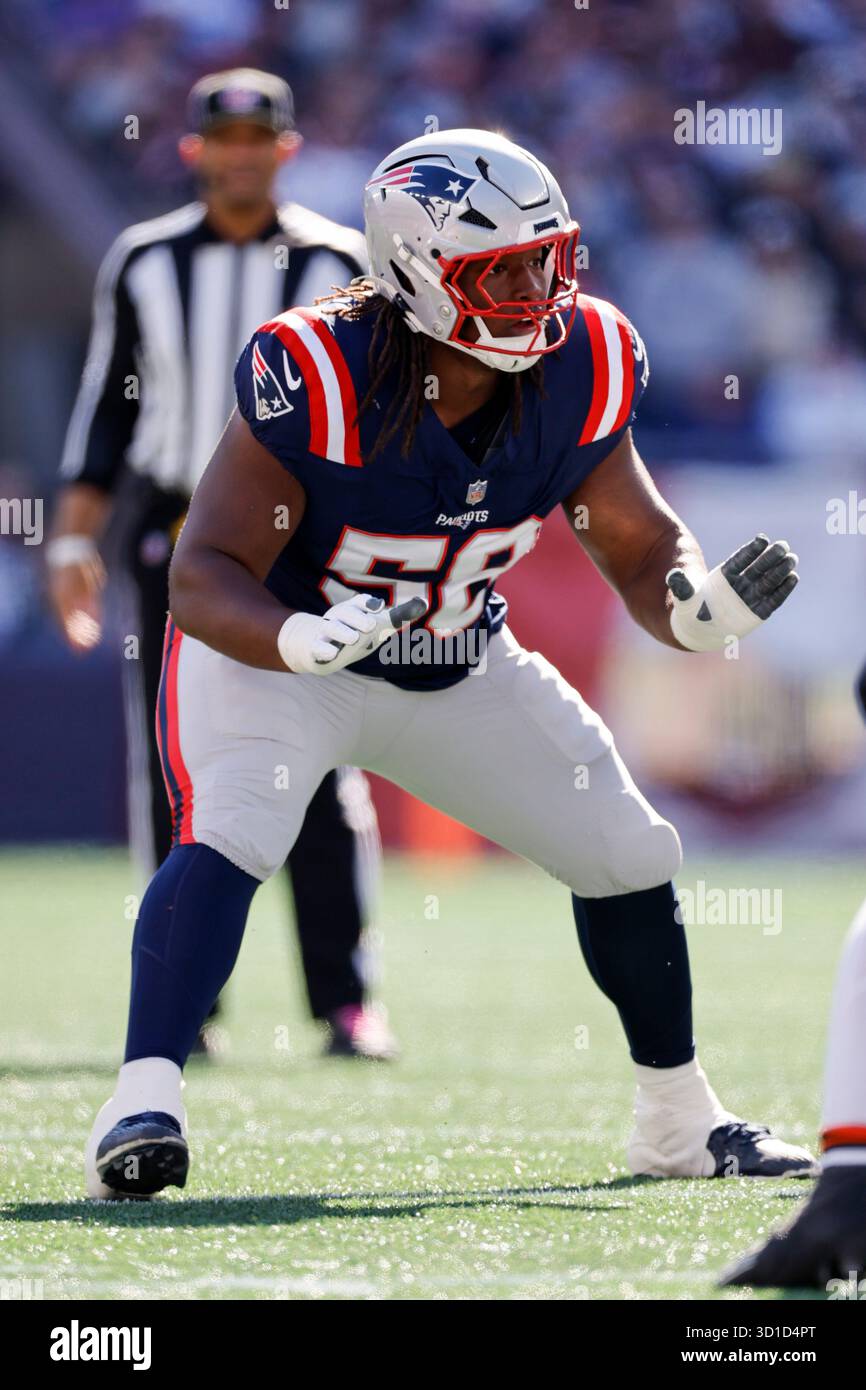 New England Patriots left guard Jared Wilson (58) prepares to block during the first half of an ...