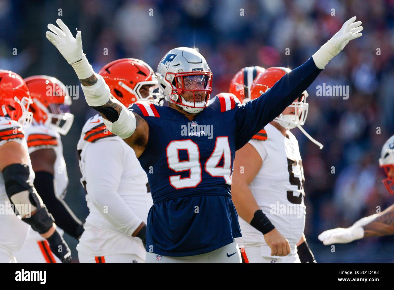 New England Patriots defensive tackle Cory Durden (94) reacts after the ...