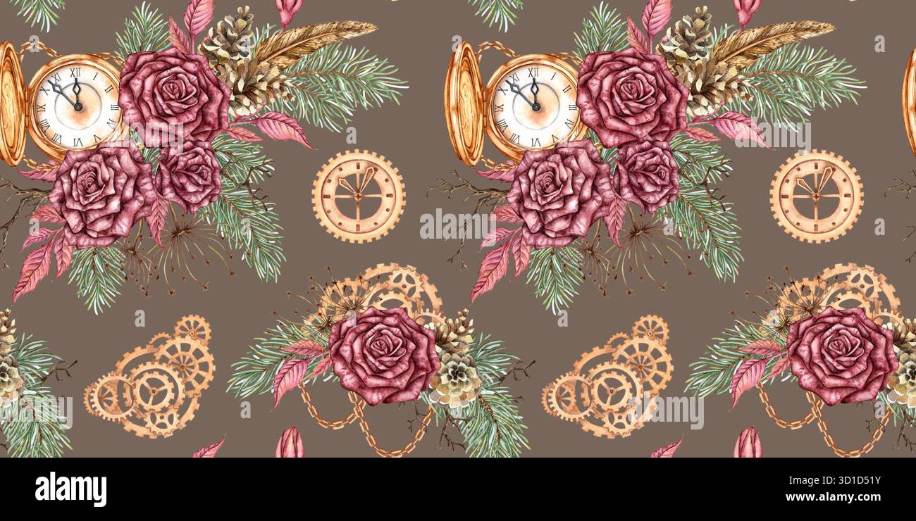 Burgundy roses, fir branches, cones, chains, gears, clocks seamless ...
