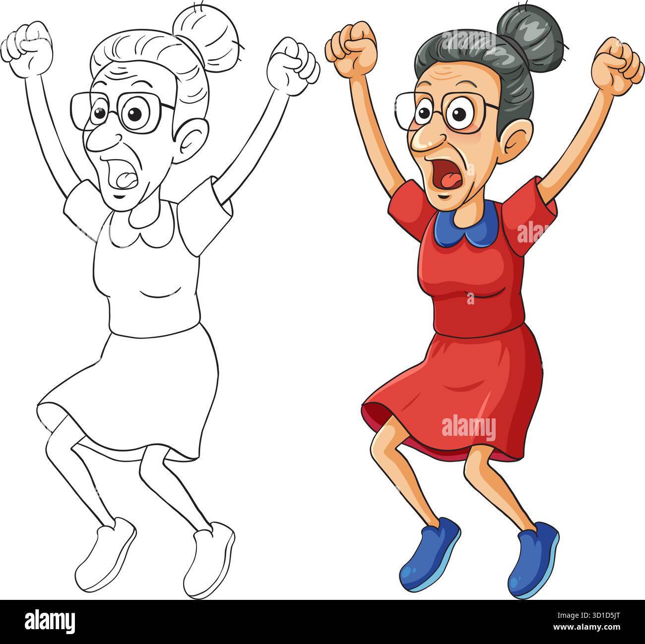 Animated elderly woman in red dress, arms raised, excited expression ...