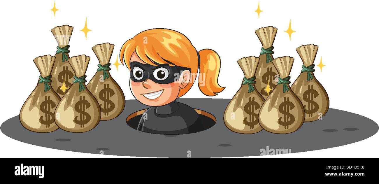 Smiling cartoon thief with mask emerges from hole, surrounded by ...