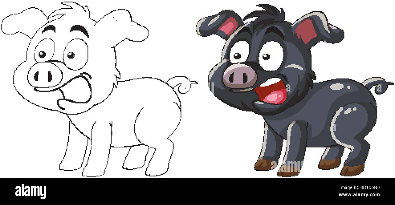 Playful cartoon pig vector in color and outline styles with expressive ...