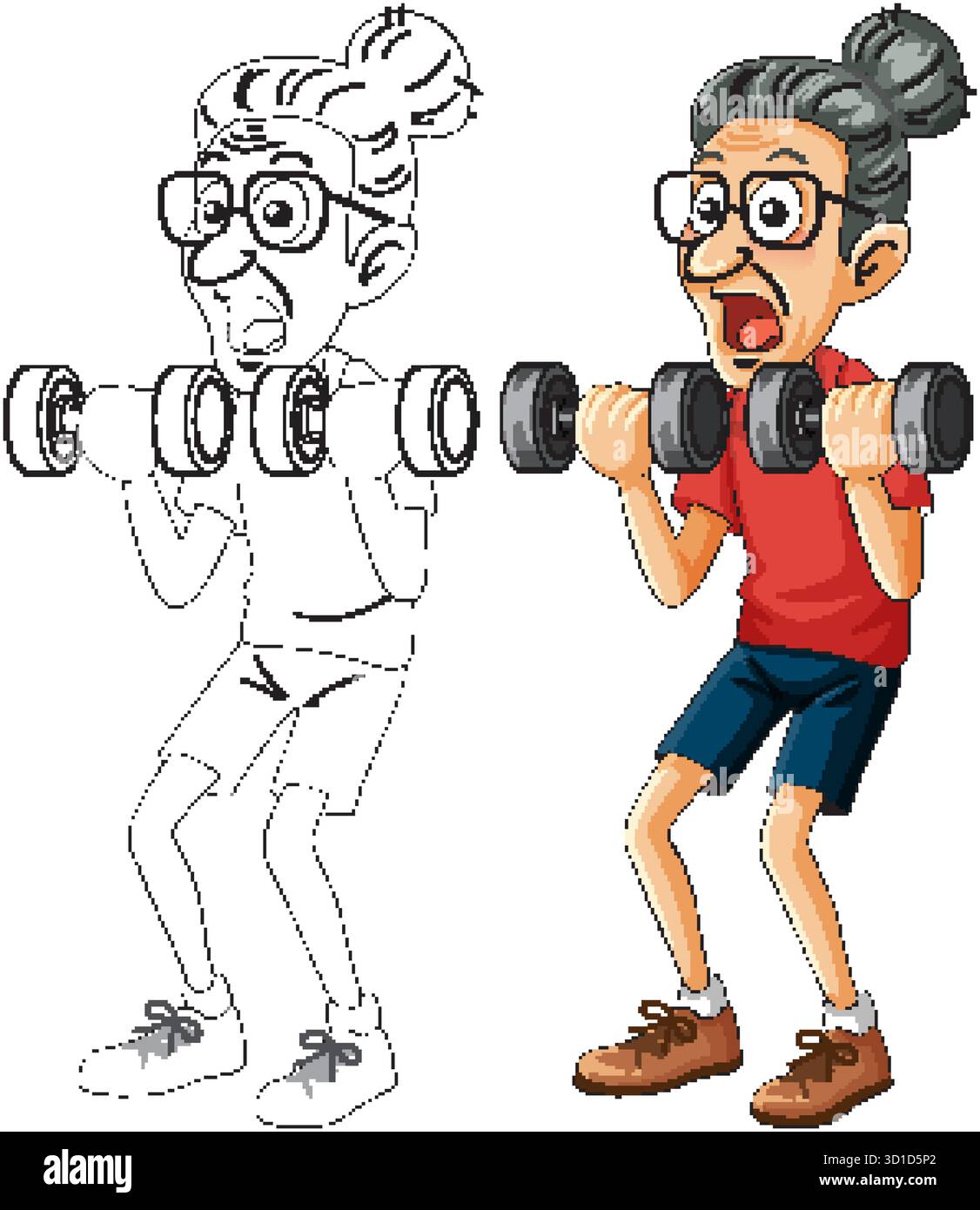 Senior woman exercising with dumbbells, colored and outline versions ...