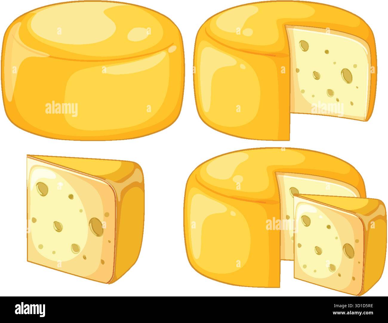Bright vector cheese wheels and slices, cartoon style, smooth shading ...
