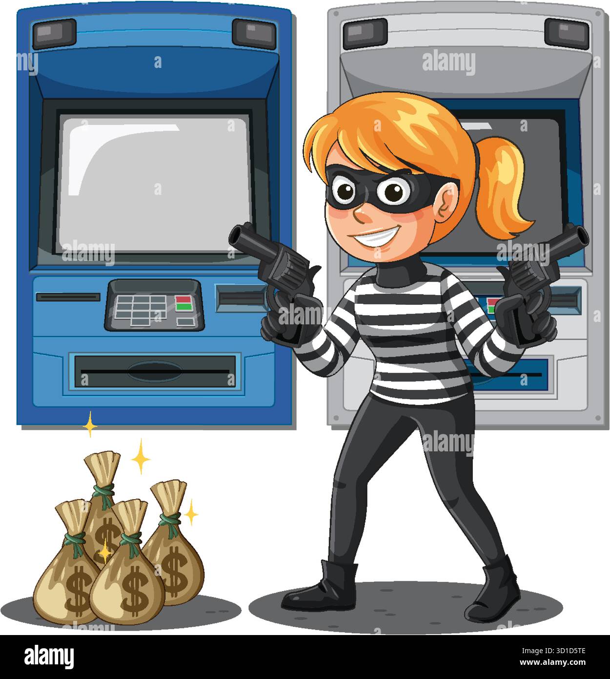 Cartoon female thief holding guns, striped outfit, standing by ATMs ...
