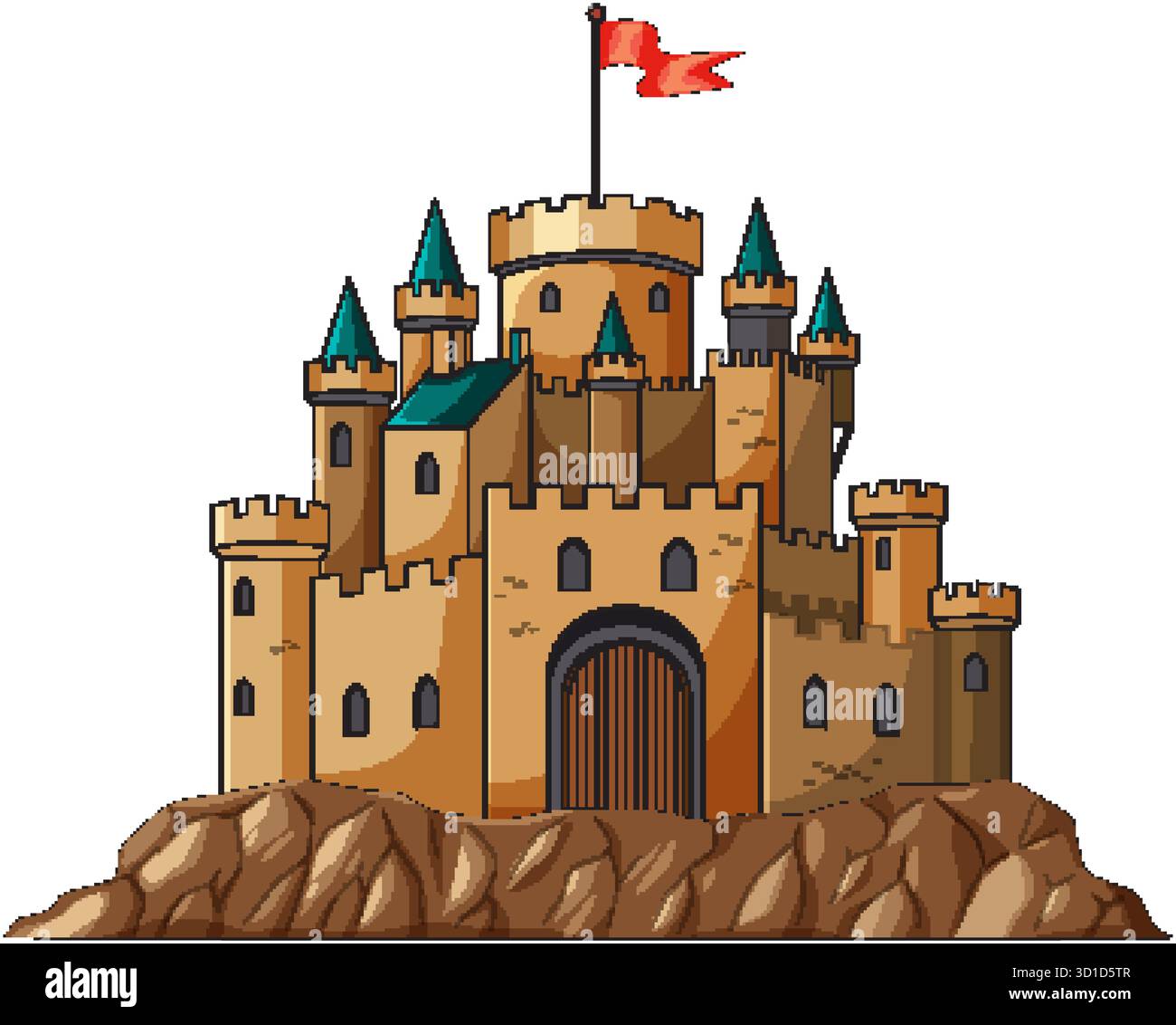 Cartoon vector of fortified medieval stone castle with towers, arched ...