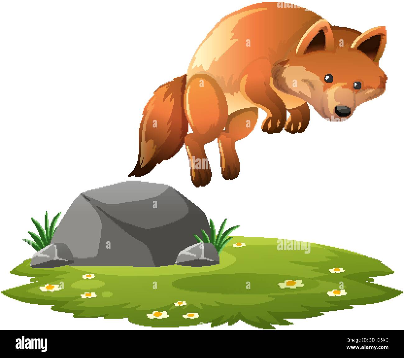 Cartoon red fox jumps over gray rock on grassy field, bright colors ...