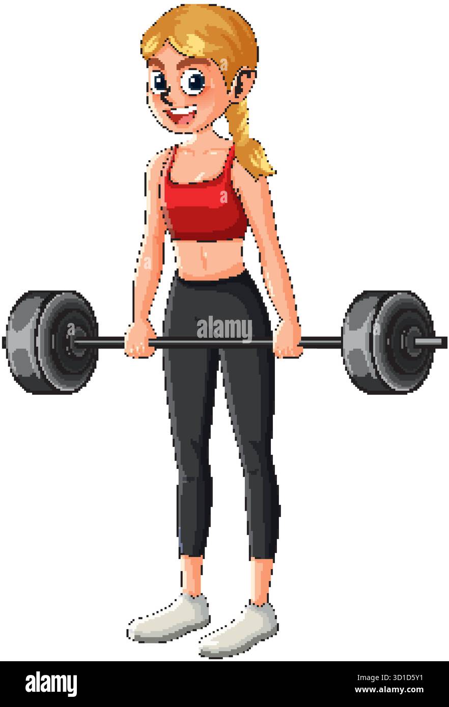 Cartoon woman in red sportswear lifting barbell, clean white background ...